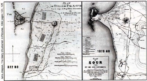 This 1873 map shows Tyre as it was in 322 BC.